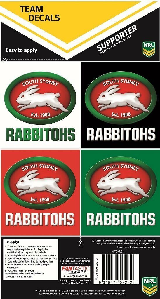 Official South Sydney Rabbitoh NRL iTag UV Car Team Decal Sticker Sheet ...