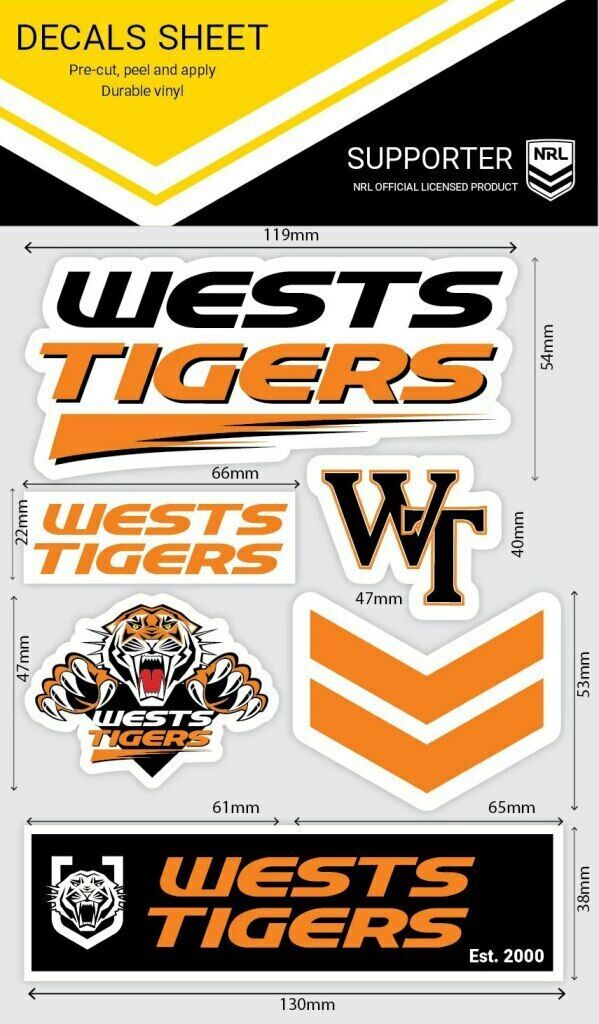 Wests Tigers NRL Sticker Decal Sheet Stickers Wordmark