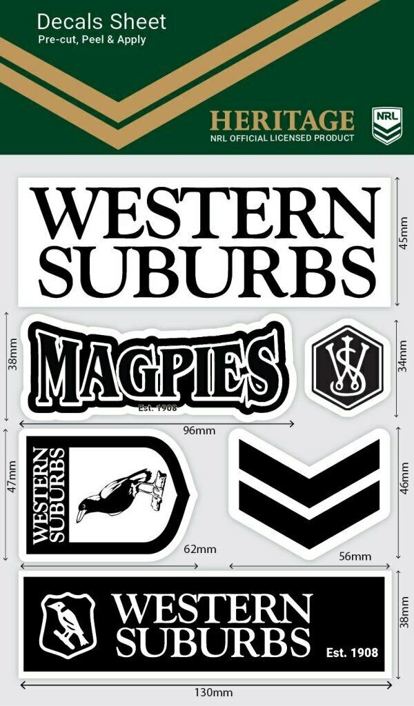 Western Suburbs Magpies Heritage NRL Sticker Decal Sheet Stickers Wordmark